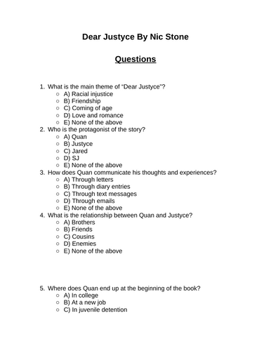 Dear Justyce. 30 multiple-choice questions (Editable) | Teaching Resources