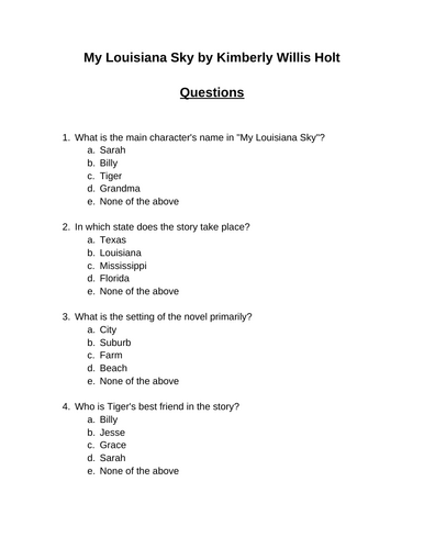 My Louisiana Sky. 30 multiple-choice questions (Editable) | Teaching ...