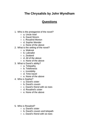 The Chrysalids. 30 multiple-choice questions (Editable) | Teaching ...
