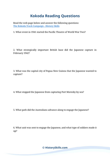 Kokoda Track Campaign of WWII Reading Questions Worksheet | Teaching ...