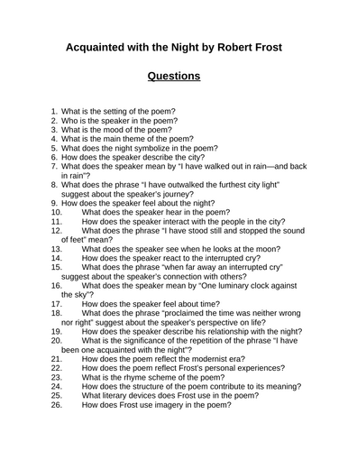 Acquainted with the Night. 40 Reading Comprehension Questions (Editable ...