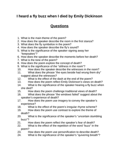 I heard a fly buzz when I died. 40 Reading Comprehension Questions ...