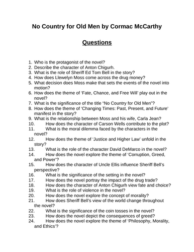 No Country for Old Men. 40 Reading Comprehension Questions (Editable ...