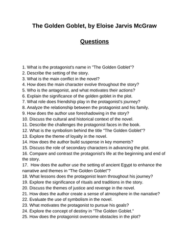 The Golden Goblet. 40 Reading Comprehension Questions (Editable ...