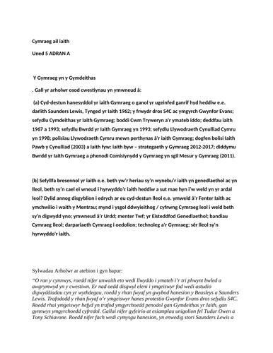 A LEVEL WELSH SECOND LANGUAGE: Cymraeg Ail Iaith: nodiadau adolygu ...