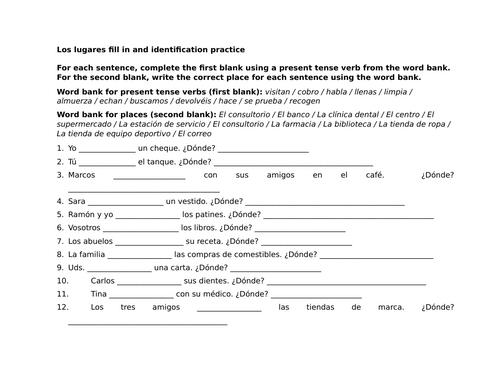 Los lugares fill in and identification practice | Teaching Resources