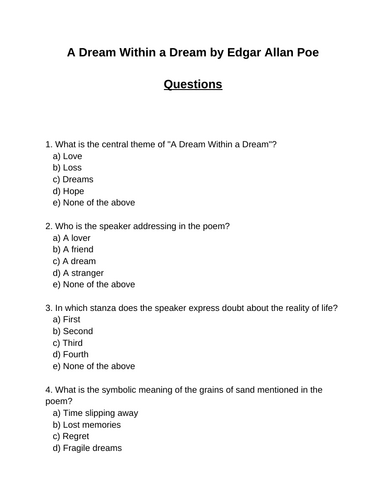 A Dream Within a Dream. 30 multiple-choice questions (Editable ...