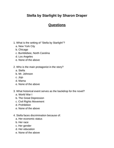 Stella by Starlight. 30 multiple-choice questions (Editable) | Teaching ...
