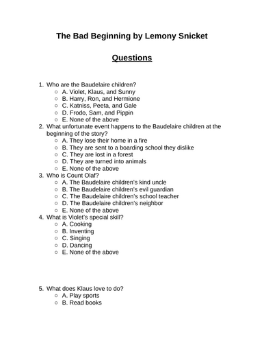 The Bad Beginning. 30 multiple-choice questions (Editable) | Teaching ...
