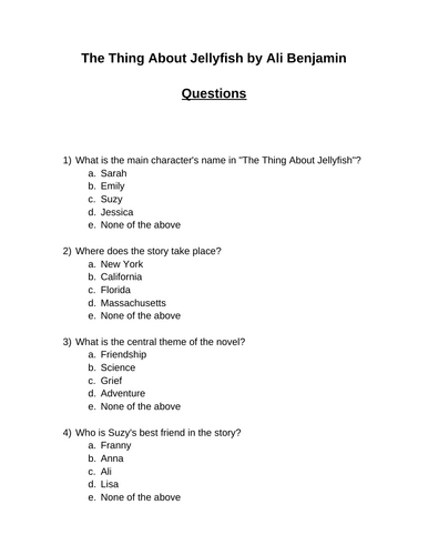 The Thing About Jellyfish. 30 multiple-choice questions (Editable ...