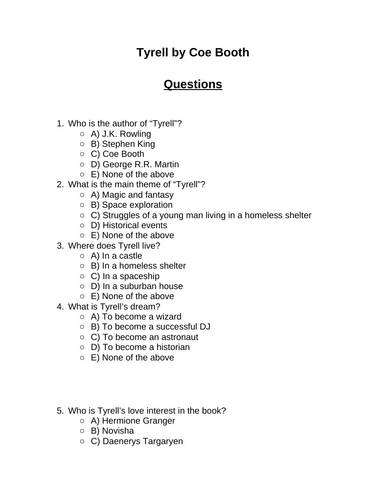 Tyrell 30 Multiple Choice Questions Editable Teaching Resources 