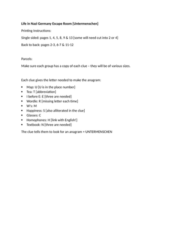 Nazi Germany: Escape Room Untermenschen | Teaching Resources