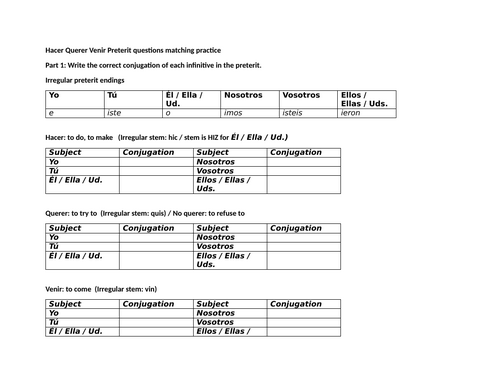 Hacer Querer Venir preterit questions matching practice | Teaching ...