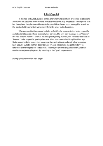 GCSE FULL MARKS, JULIET R+J ESSAY | Teaching Resources