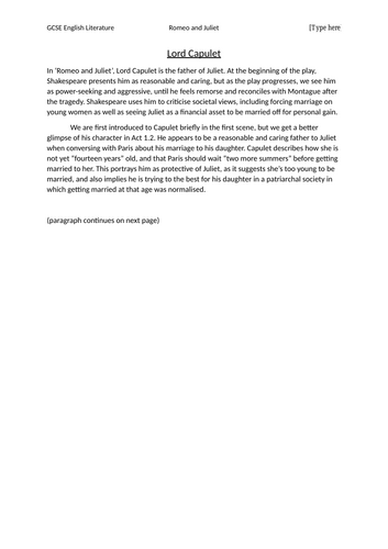 GCSE FULL MARKS, CAPULET R+J ESSAY | Teaching Resources