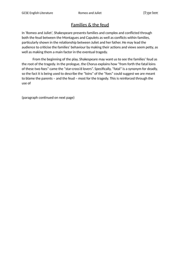 GCSE FULL MARKS, FAMILIES IN R+J ESSAY | Teaching Resources