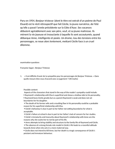 A LEVEL FRENCH revision notes "Bonjour Tristesse" | Teaching Resources