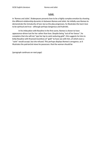 GCSE FULL MARKS, LOVE IN R+J ESSAY | Teaching Resources