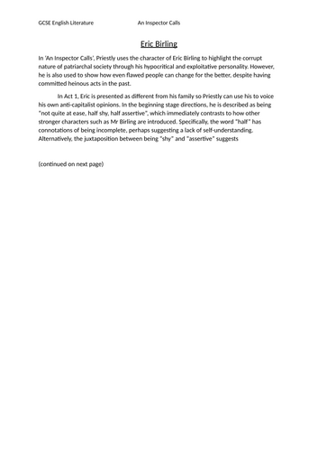 GCSE FULL MARKS, ERIC AIC ESSAY | Teaching Resources