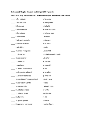 Realidades 2 Chapter 4A vocab matching and fill in practice | Teaching ...