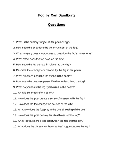 Fog by Carl Sandburg. 40 Reading Comprehension Questions (Editable ...