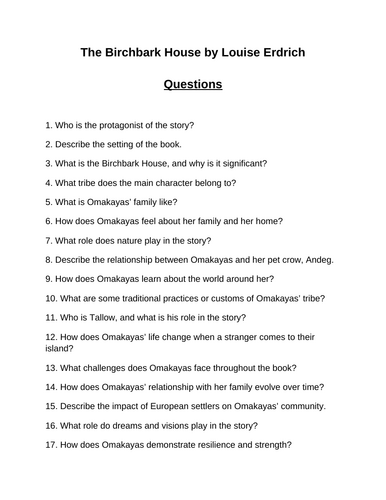 The Birchbark House. 40 Reading Comprehension Questions (Editable ...