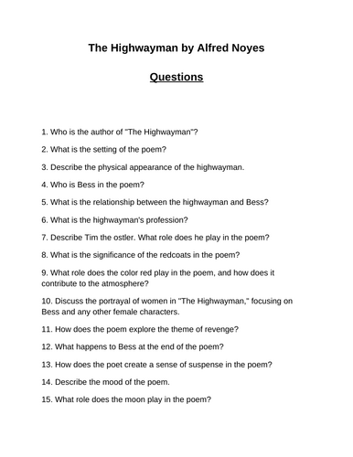 The Highwayman. 40 Reading Comprehension Questions (Editable ...
