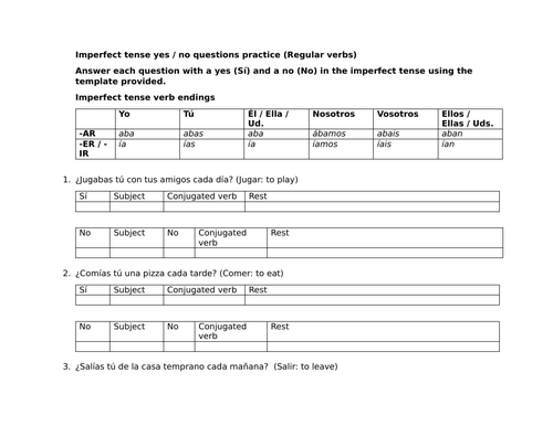Imperfect tense yes / no questions practice (Regular verbs) | Teaching ...