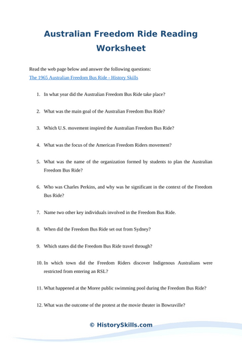 Australian Freedom Ride Reading Worksheet | Teaching Resources