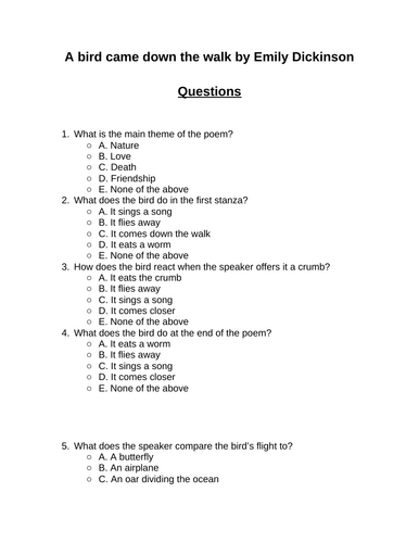 A bird came down the walk. 30 multiple-choice questions (Editable ...