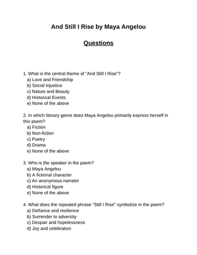 And Still I Rise. 30 multiple-choice questions (Editable) | Teaching ...