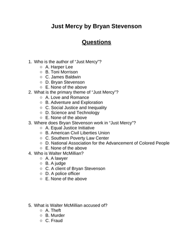 Just Mercy . 30 multiple-choice questions (Editable) | Teaching Resources