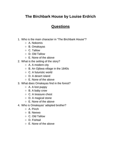 The Birchbark House. 30 multiple-choice questions (Editable) | Teaching ...