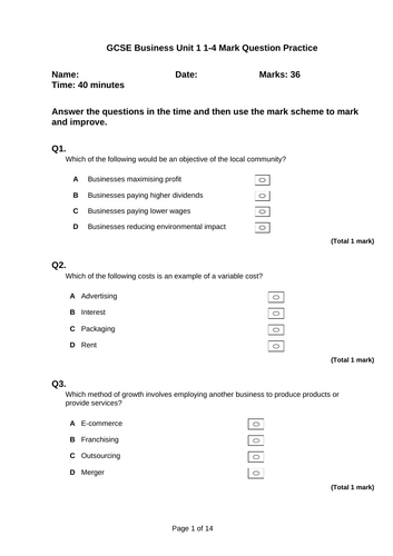 AQA GCSE Business Paper 1 Revision Booklets | Teaching Resources