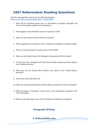 1967 Australian Referendum Reading Questions Worksheet | Teaching Resources