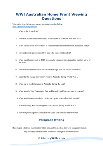 WWI Australian Home Front Viewing Questions Worksheet | Teaching Resources
