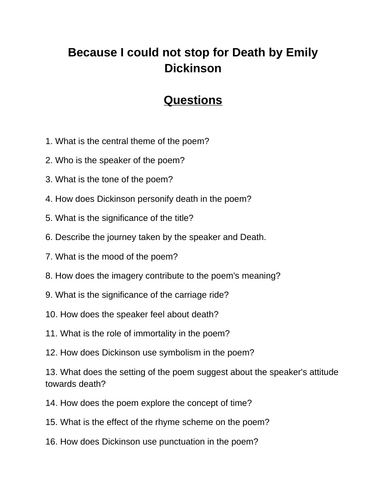 Because I could not stop for Death. 40 Reading Comprehension Questions ...