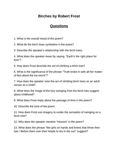 Birches. 40 Reading Comprehension Questions (Editable) | Teaching Resources