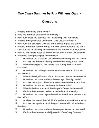 One Crazy Summer. 40 Reading Comprehension Questions (Editable ...