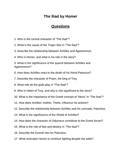 The Iliad. 40 Reading Comprehension Questions (Editable) | Teaching ...