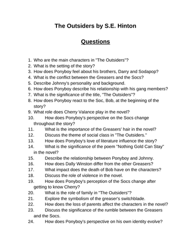 The Outsiders. 40 Reading Comprehension Questions (Editable) | Teaching ...