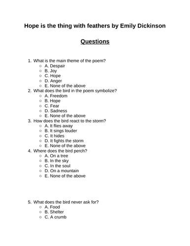 Hope is the thing with feathers. 30 multiple-choice questions (Editable ...