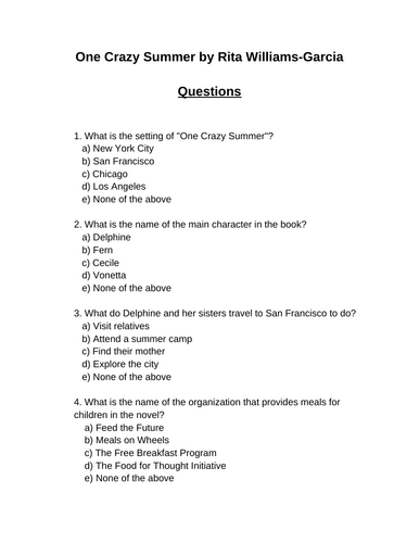 One Crazy Summer. 30 multiple-choice questions (Editable) | Teaching ...