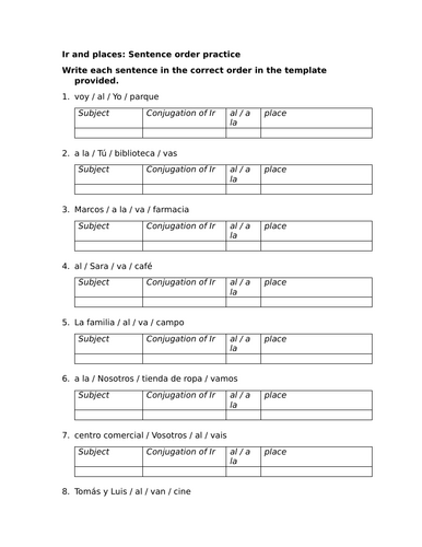 Ir and places: Sentence order practice | Teaching Resources