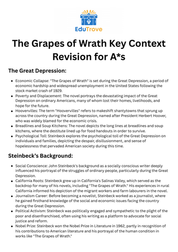 The Grapes of Wrath Key Context Revision for A*s | Teaching Resources
