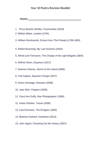 AQA English Literature poetry revision booklet | Teaching Resources