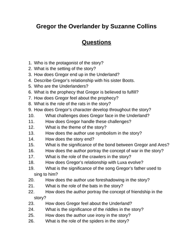 Gregor the Overlander. 40 Reading Comprehension Questions (Editable ...