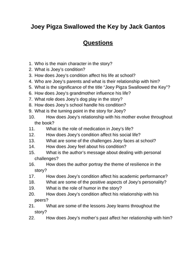 Joey Pigza Swallowed the Key. 40 Reading Comprehension Questions ...
