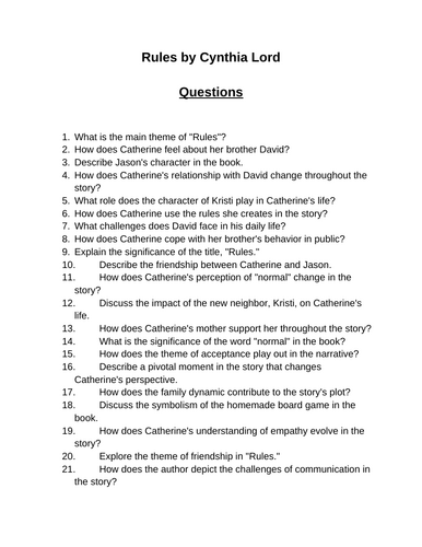 Rules by Cynthia Lord. 40 Reading Comprehension Questions (Editable ...