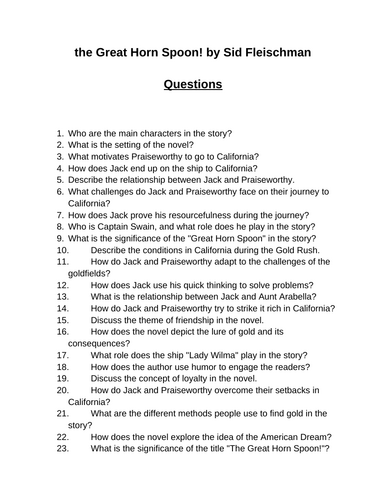 the Great Horn Spoon. 40 Reading Comprehension Questions (Editable ...